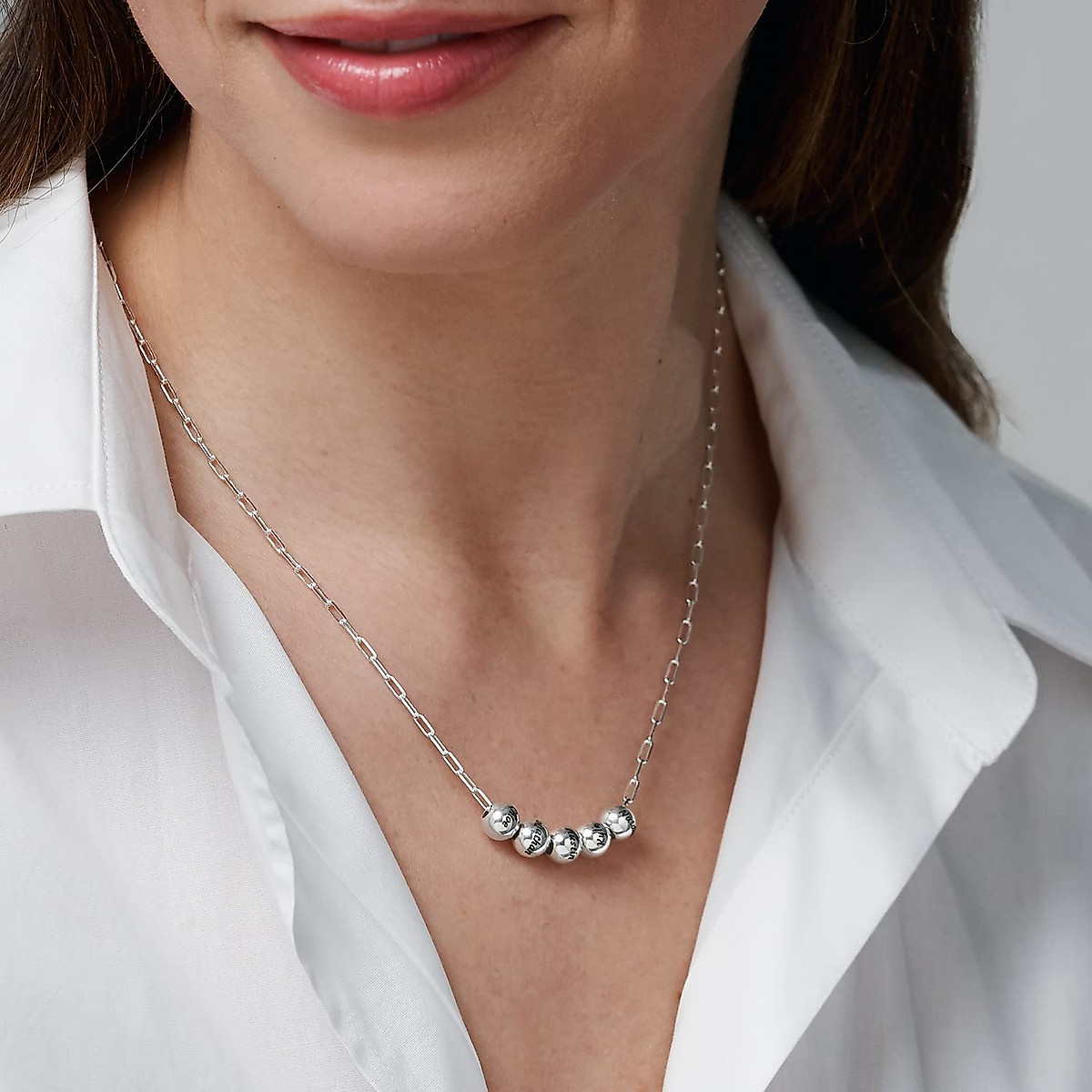 MYKA - Personalized Paperclip Link Chain Necklace With Up to 8 Ball Beads / Engrave Any Name / Diamond Option -Sterling Silver, Gold, Rose Gold / Customized Gift For Woman For Mother's Day, Birthday,