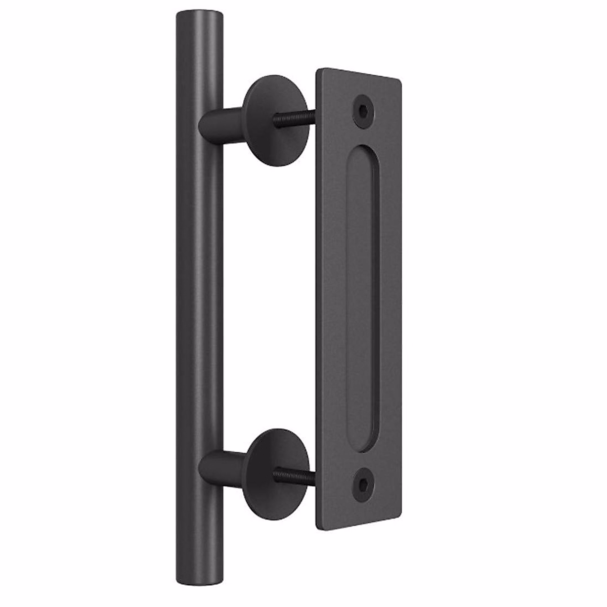 Ranbo Heavy Duty 12" Pull and Flush Barn Door Handle Set, Large Rustic Two-Side Design, for Gates Garages Sheds Furniture, Black Powder Coated Finish, Round