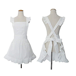 Love Potato Cute White Retro Lady's Aprons for Women's Kitchen Cooking Cleaning Maid Costume with Pockets