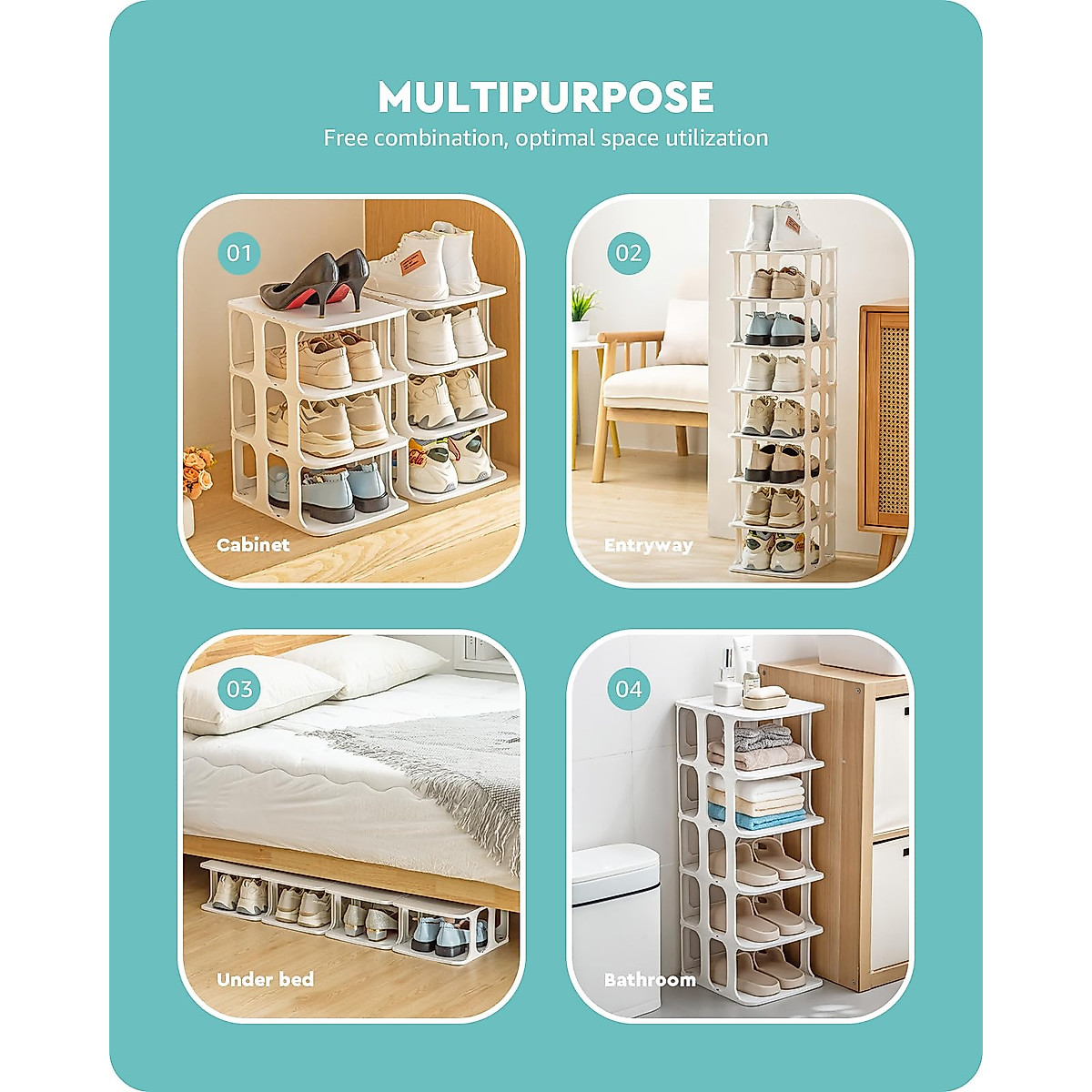 Baffect 8 Tier Shoe Rack, Free Standing Shoe Storage Organizer for Closet, Plastic Stackable Shoe Storage Tower, Vertical Shoe Holder for Entryway Space Saving Narrow Shoe Cabinet (White)