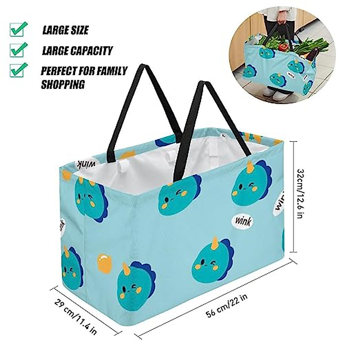 Dinosaur Full Print Large Capacity Laundry Organizer Tote Bag - Reusable and Foldable Oxford Cloth Shopping Bags