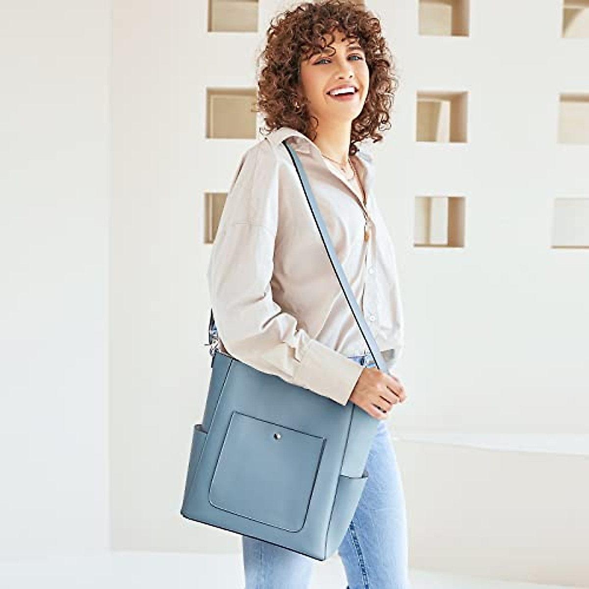 S-ZONE Genuine Leather Handbags Purses for Women with Inner Pouch Bucket Bags Crossbody Hobo Work Travel Blue