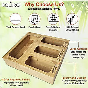 BOLKRO Ziplock Bag Organizer - MOSO Bamboo Plastic Zip Lock Bags Holder for Kitchen Drawer & Storage - For Gallon, Quart, Sandwich and Snack Size Baggie - Compatible with Ziploc, Solimo, Glad, Hefty