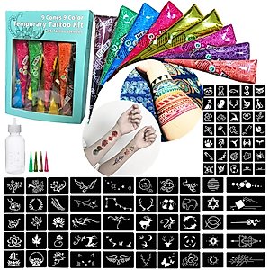 9 Pcs 9 Color Temporary Tattoo Kit, with 5 Page total 85 Tattoo Stencils Sticker India Temporary Body Art Paint Ink Set, Brown, Black, Maroon, Red, Blue, Green