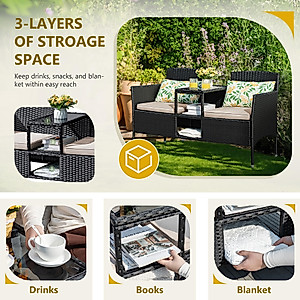 Flamaker Outdoor Furniture Patio Loveseat Wicker 2-Seat with Built-in Table and Cushions Rattan Porch Chairs Bench for Balcony, Lawn, Backyard (Beige)