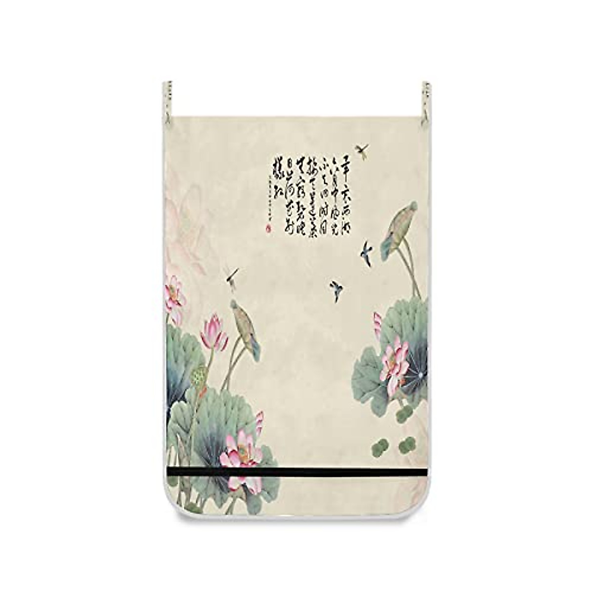 xigua Chinese Watercolor Style Lotus Hanging Laundry Hamper Bag, Hanging Laundry Basket for Holding Dirty Clothes, Space Saving Hanging Laundry Bag with Free Adjustable Steel & Suction Cup Hooks 1PCS