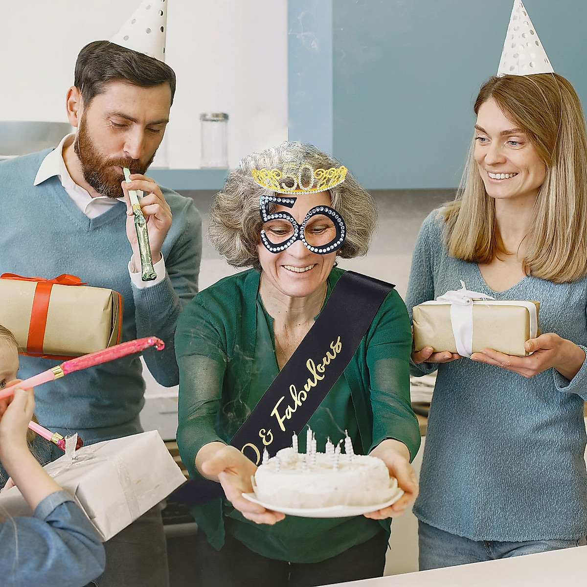 KYZCROTW 50th Birthday Gift for Women, 50th Birthday Tiara Crown, 50 & Fabulous Sash and Glasses for Women 50 years old Birthday Party Decorations and Supplies, 3 pcs