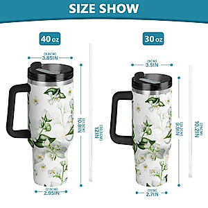 Yasala Car Tumbler with Handle White Flower Green Leaves Travel Mug Coffee Cup Insulated Beverage Container Mega Cup for Hot Cold Drinking Thermos Water Bottle Cupholder Friendly 40 oz