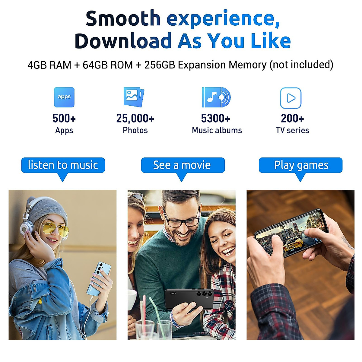 Xgody V50 Android Cell Phone, 4GB RAM + 64GB ROM, 6.55'' HD, Dual 4G LTE Sim Slots Smartphone Unlocked, 13MP Main Camera, Face Unlock, 4500mAh, AT&T/T-Mobile Smart Phones (Black1)