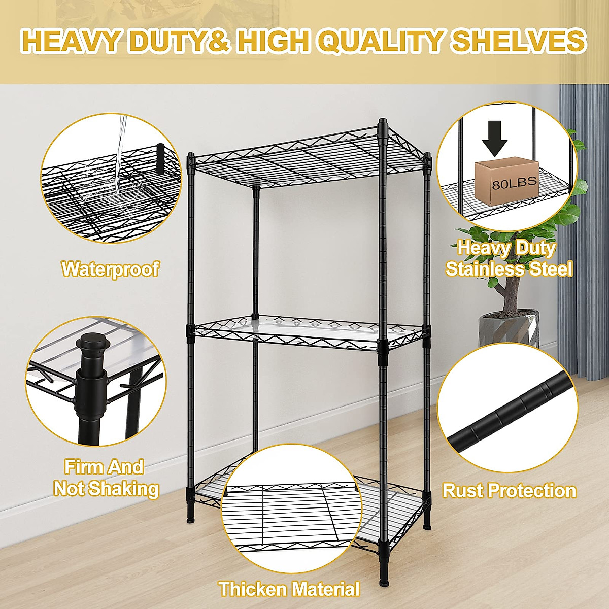 3-Tier Wire Shelving Unit and Storage, Shelves for Storage Height Adjustable Metal Wire Rack Shelving for Garage Kitchen Pantry Closet Laundry Bathroom Load 265LBS (21.5 x 11.5 x 35.5 inch)