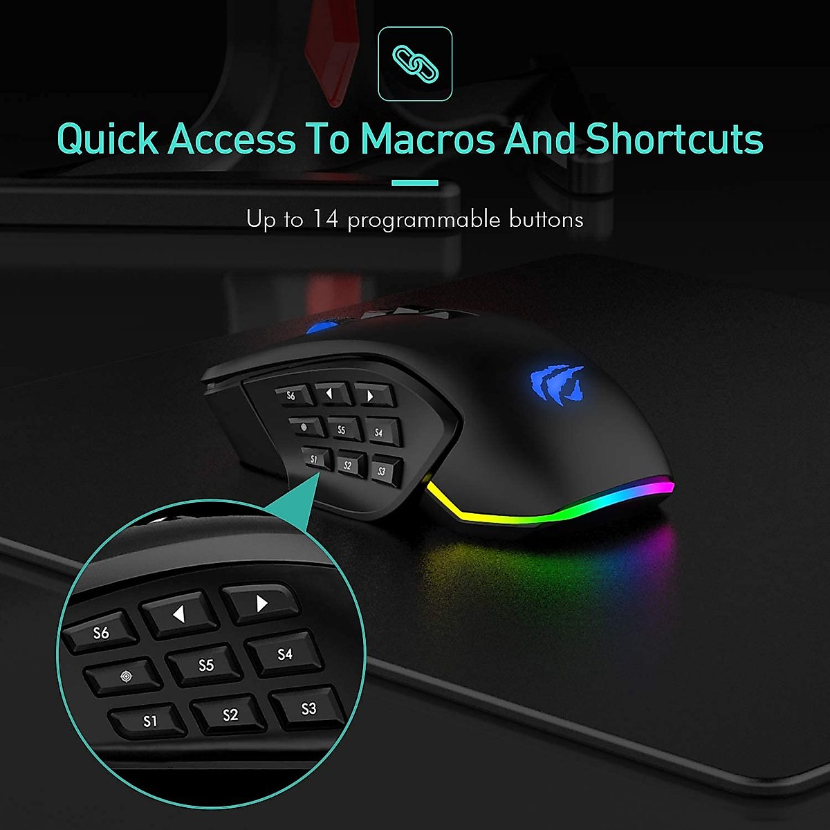 Havit Gaming Mouse Computer Ergonomic Wired Mice with 14 Programmable Buttons Interchangeable Side Plates (8 Buttons/ 8+6 Side Buttons), 2 Replaceable Right Plates for Laptop PC Gamer (Renewed)