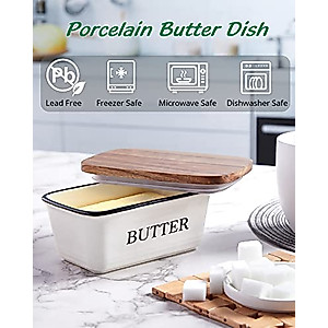 Butter Dish with Lid for Countertop - Large Ceramic Butter Container Holder with Acacia Wooden Lid for Counter - For Modern Kitchen Decor and Accessories - White