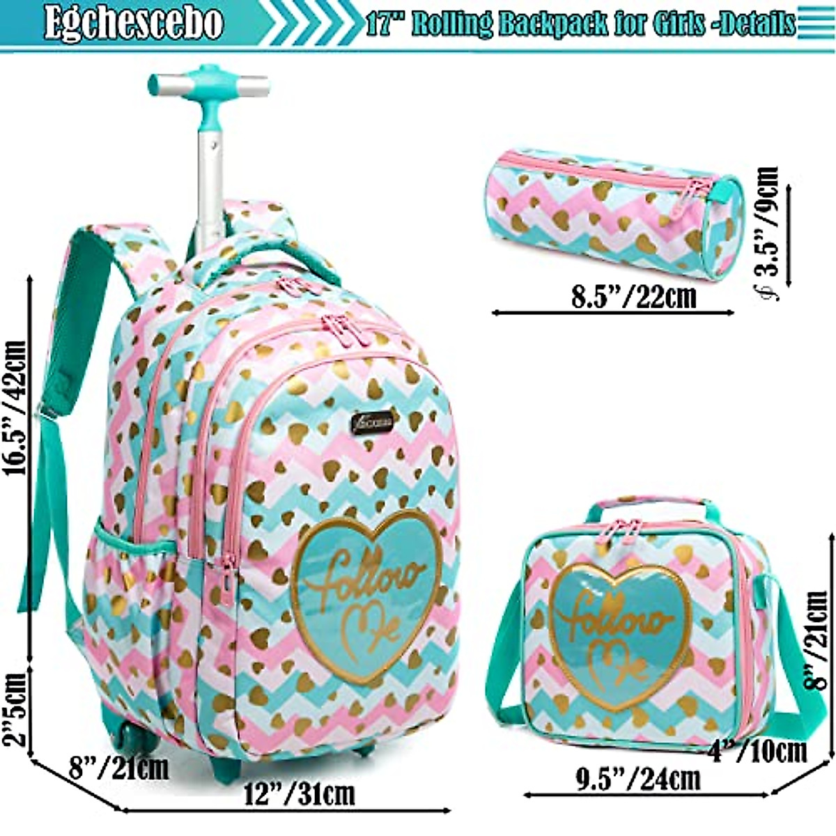 Egchescebo Girls Rolling Backpacks with Wheels 3PCS Heart Backpack Set for School Wheeled Luggage Suitcase Lunch Box Pencil Case Large Capacity Bookbag Adjustable Trolley for Elementary Travel Pink