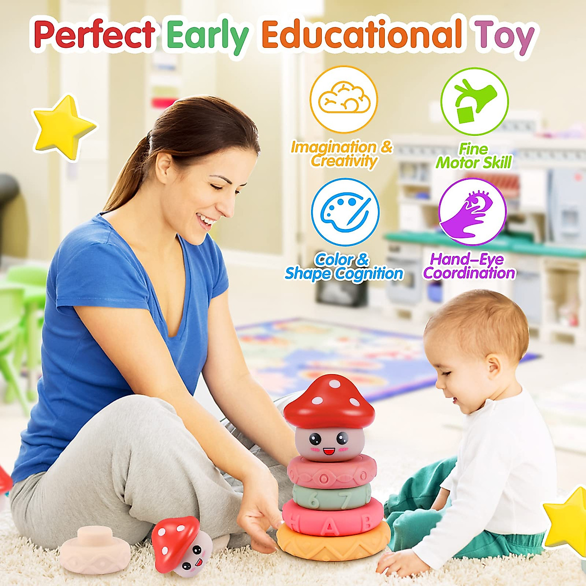 Baby Toys 6 to 12 Months 7Pcs Stacking Rings Montessori Toys for 1 Year Old Girls Boys, Soft Baby Teething Toys with Mushroom Head, Infant Sensory Educational Toys for Toddlers 1-2 Kids Birthday Gifts
