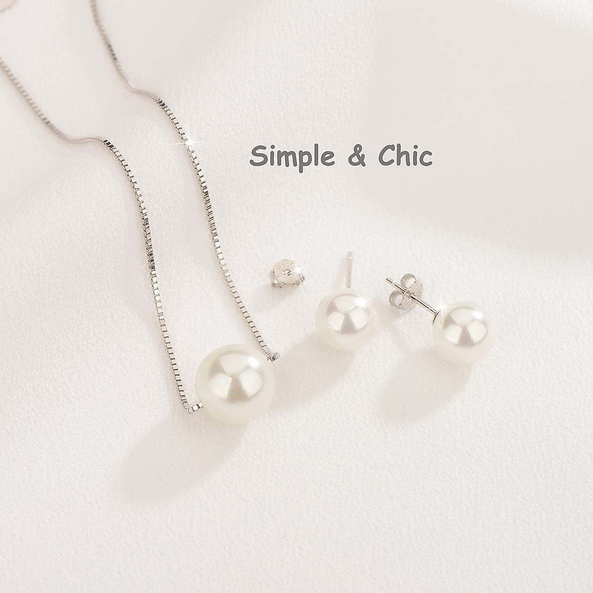 Pearl Necklace and Earring Set Silver,Pearl Jewelry Set for Women Simple,Single Pearl Set Jewelry for Women,Brial Pearl Necklaces Bridesmaid Jewelry Sets for Wedding/Prom Gifts