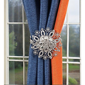 SUQ I OME Luxury Big Crystal Magnetic Curtain Tieback Flower Curtain Clips Buckle with Stretchy Wire Rope for Home Office Decoration(Silver D,2PCS)