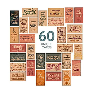DiverseBee 60 Pack Assorted Inspirational Kraft Cards - Motivational Kindness Mini Note Cards, Encouragement Affirmation Card Set, 60 Unique Motivational Quotes - Business Card Size and Blank Back (Kraft)