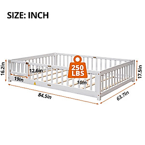 LLS Queen Floor Bed for Children, Durable Montessori Floor Bed with Wood Slats, Safety Fence & Small Door, Wood Floor Bed Frame for Girls Boys Children, White (with Bed Slats)