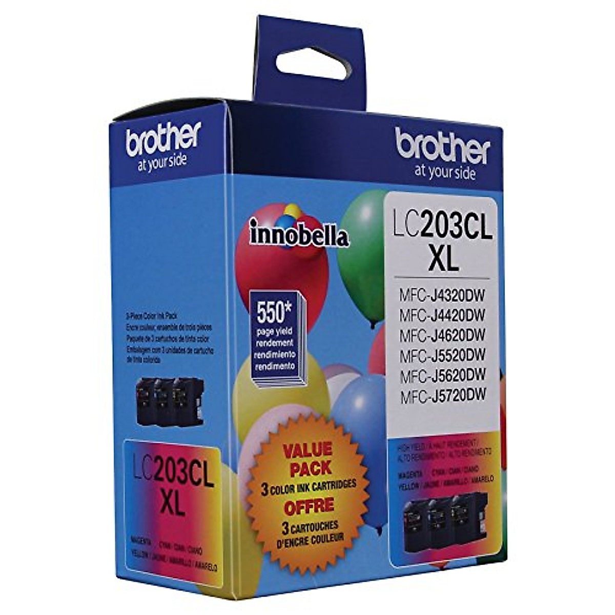 Brother Genuine High Yield Color Ink Cartridge, LC2033PKS, Replacement Color Ink Three Pack, Includes 1 Cartridge Each of Cyan, Magenta & Yellow, Page Yield Up To 550 Pages, Amazon Dash Replenishment Cartridge, LC203