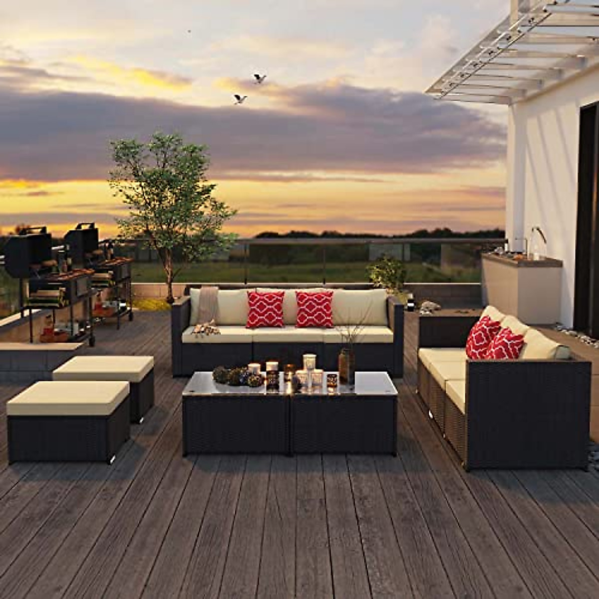 Aiho Outdoor Patio Sectional Furniture Sets All Weather Outdoor Sectional Sofa PE Garden Furniture Wicker Rattan Patio Conversation Set with Glass Table (Beige)