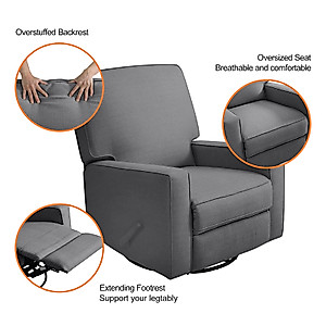 EASELAND 360 Swivel Recliner Chair, Comfy Upholstered Nursery Glider Rocking Recliner Chair, Single Gider Rocker Sofa Chair with Lumbar Support for Living Room, Bedroom (Dark Grey)
