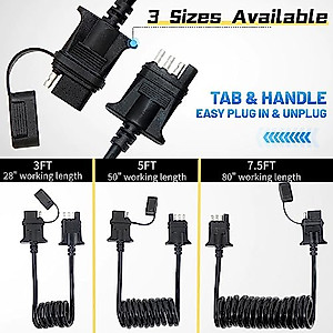 MECMO Trailer 4-Way Flat Wire Extension 3 Feet 36'' Stretchable Coiled Cable, 4 Pin Male & Female Trailer Coiled Adapter, 18-Guage Heavy Duty Jacketed Cable Trailer Lighting Extension - 3ft/36 Inch
