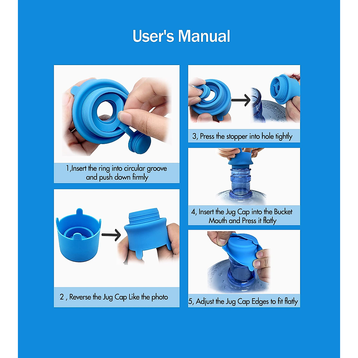 Feesrivers 3 &5 Gallon Water Jug Cap,Food Grade Silicone Reusable Replacement Caps, Double Protection Caps fit all 55mm Bucket Water Dispenser Caps (3)