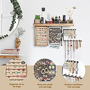 SOLIMINTR Hanging Jewelry Organizer Wall Mount Jewelry Holder with Rustic Wood Shelf, Ring Display Box, Ear Studs Earring Holder, Rotating Necklace Holder Organizer
