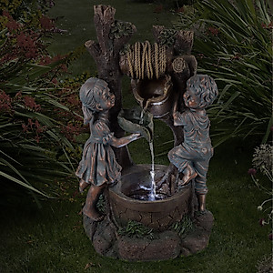Boy and Girl Outdoor Water Fountain - Cascading Waterfall with Soothing Sounds and 4 LED Lights for Garden or Patio by Pure Garden (Antique Bronze)