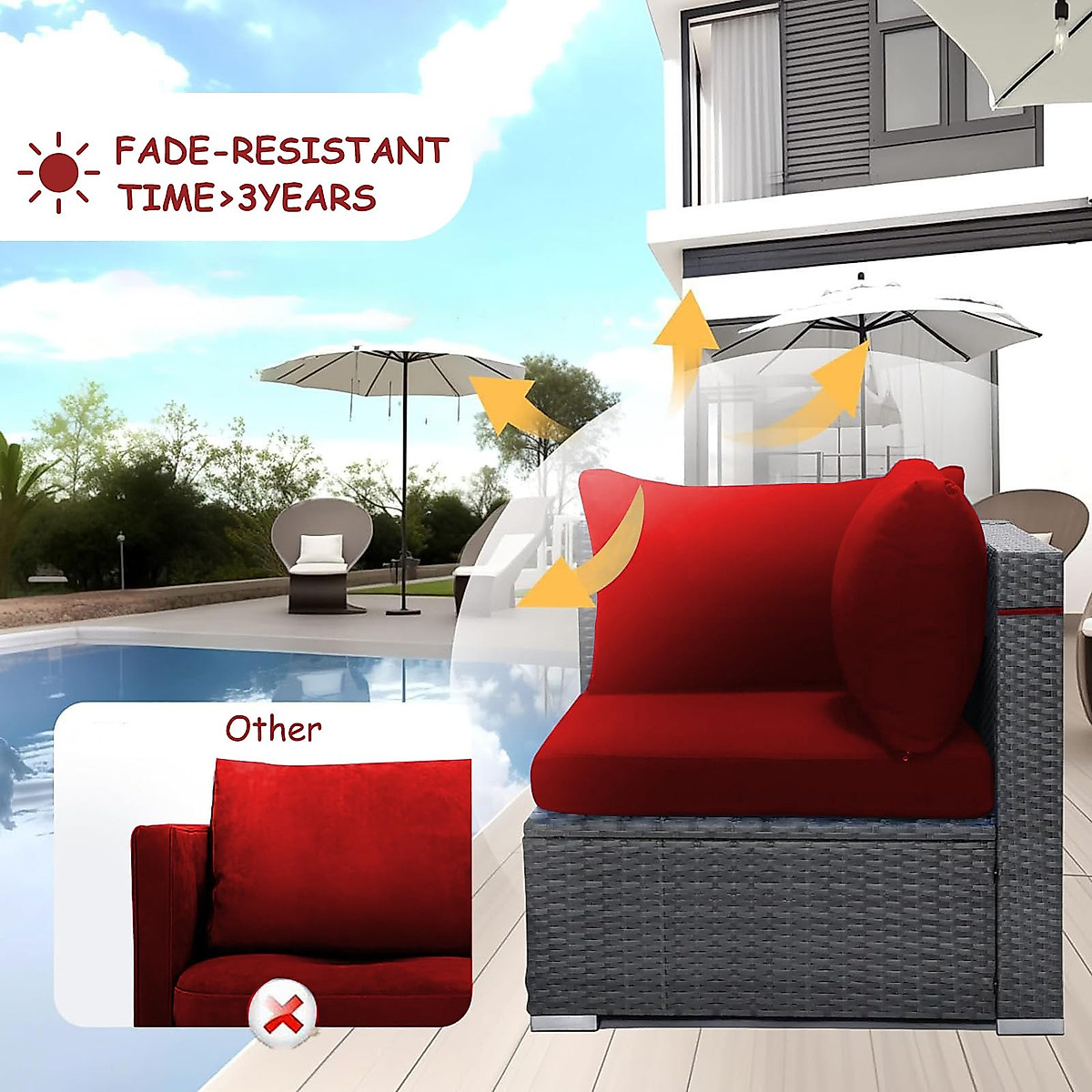 VKETU Patio Cushion Covers Replacement, Outdoor Sectional Couch Waterproof Cushion Cover, Square Patio Slipcovers with Zipper for Sectional Rattan Garden Furniture (Red, 12 pc)