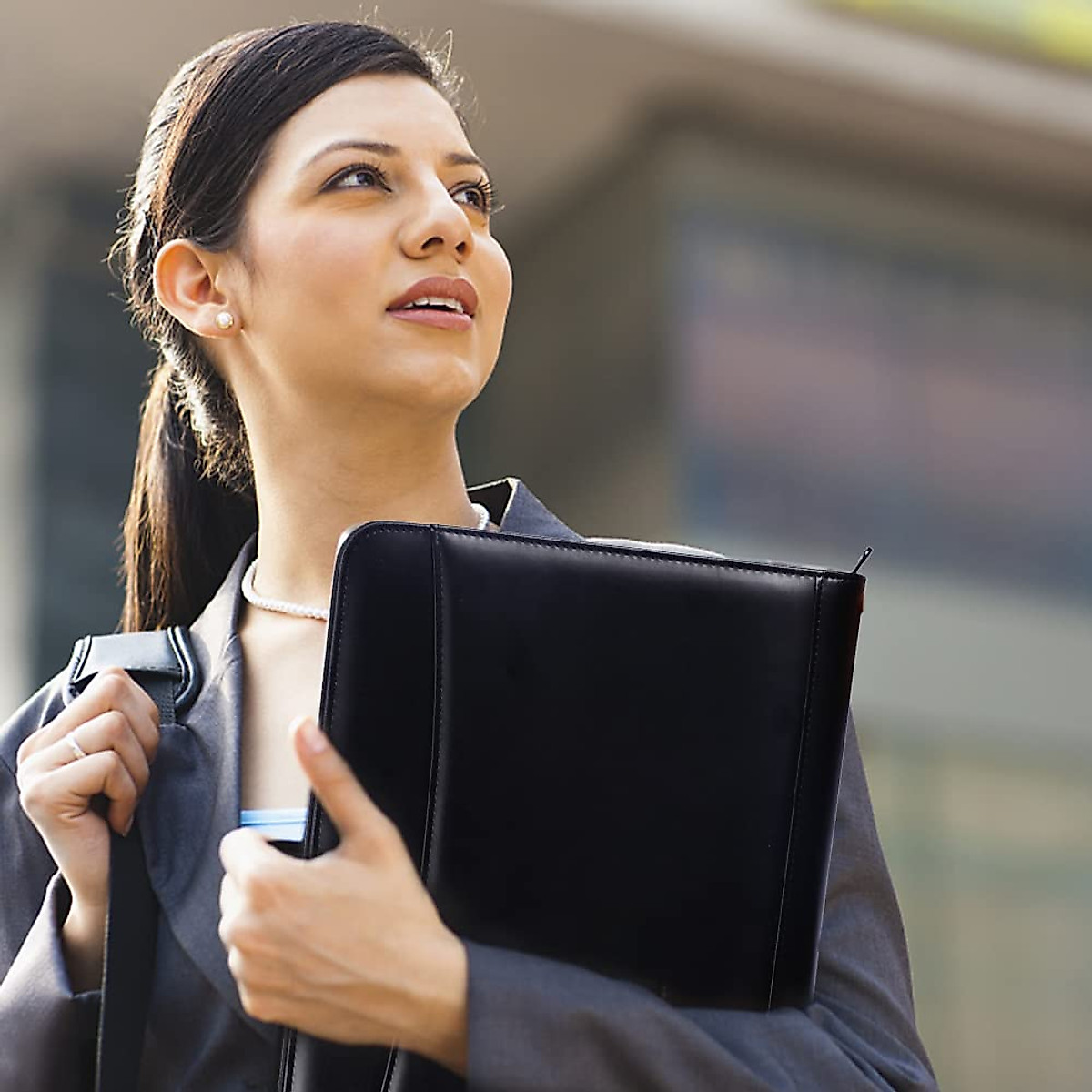 Eshow Leather Portfolio Professional Business Padfolio with Zipper - Interview Resume Notefolio Premium Legal Document Organizer with Card Holder, Writing Pad and File Folders for Men and Women