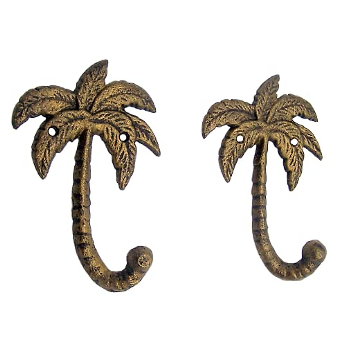 Palm Tree Cast Iron Wall Hooks, Wall Mounted for Hanging Coats, Purses, Towels, Hats, Beach Themed Wall Décor, Set of 2, 6.5 Inches High (Gold Toned)