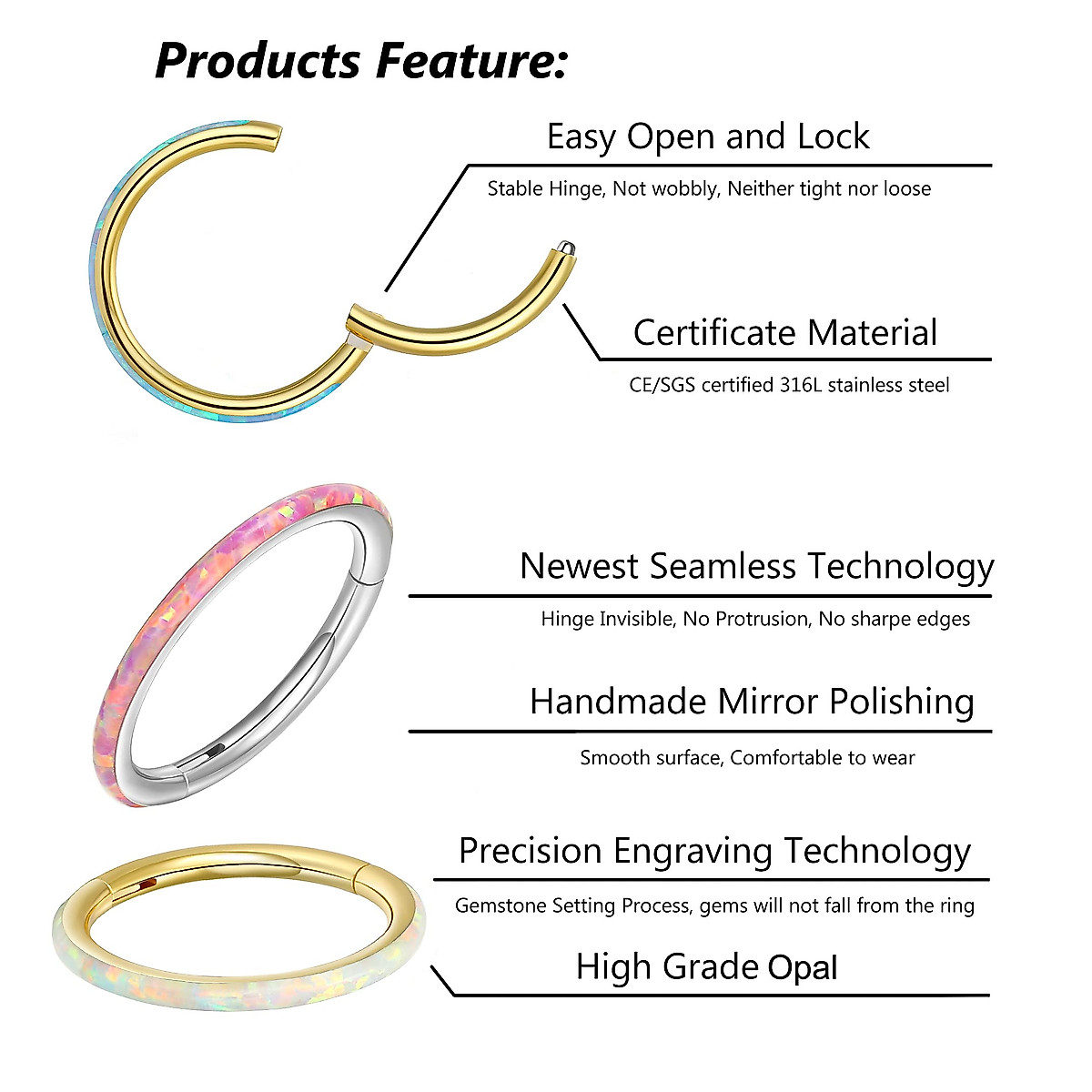 MIFANS Nose Ring Hoop, Lip Septum Cartilage Helix Tragus Conch Rook Daith Lobe Hoop Earrings Body Piercing Jewelry with White Opal 16G Diameter 8mm 10mm, Small Gold Hoop Earrings for Women Men