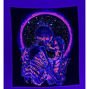 BIECWIAY Skull Kiss Lover Blacklight Tapestry for Bedroom Tapestry UV Reactive Fantasy Skeleton Trippy Tapestry Black Light Tapestry Aesthetic Wall Hanging for Room Home Decor