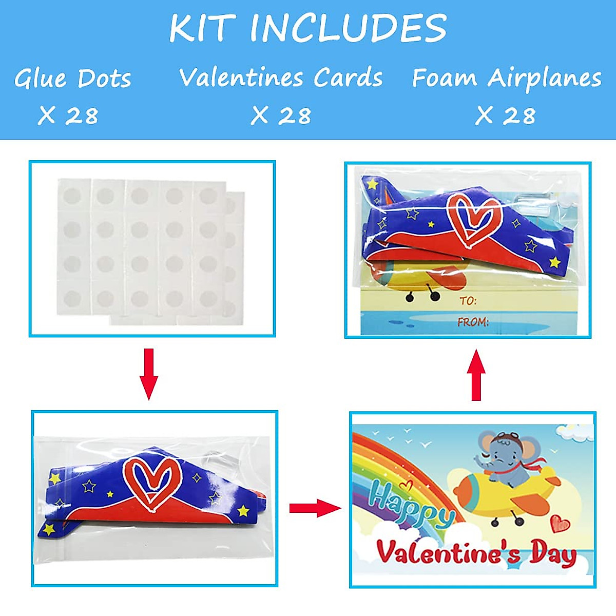 WODMAZ 28 Pack Valentines Day Cards for Kids, 7 Different Designs Foam Airplanes with Valentines Gift Cards for Boys Girl School Classroom Exchange Prize, Fun Planes Valentines Party Favors Toys