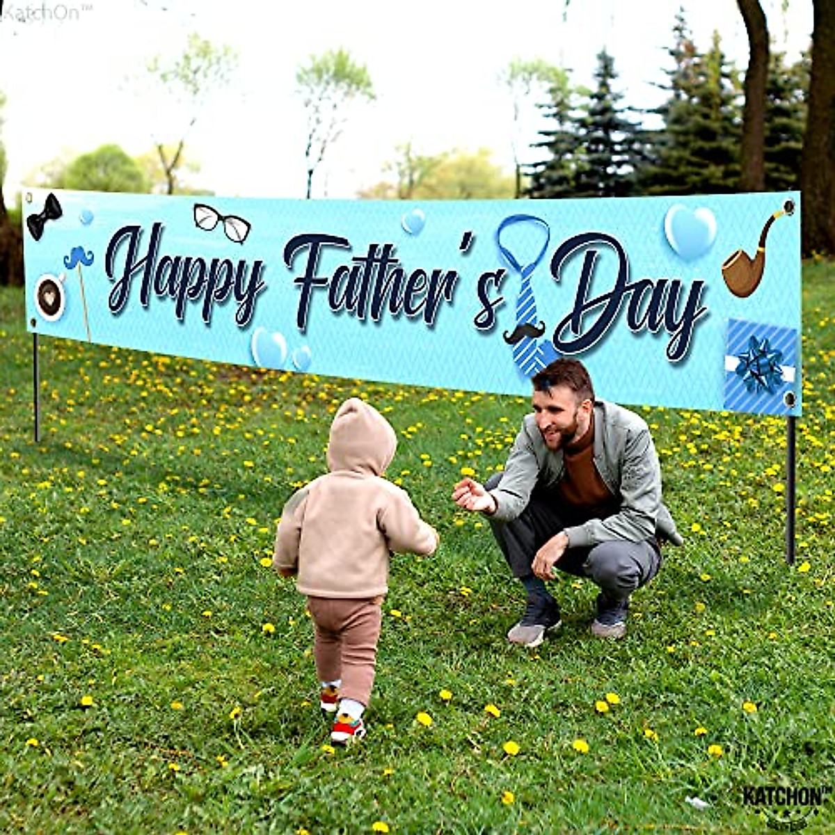 XtraLarge, Happy Fathers Day Banner - 120x20 Inch | Happy Fathers Day Yard Sign Banner for Happy Fathers Day Decorations for Party | Blue Happy Fathers Day Backdrop for Fathers Day Party Decorations