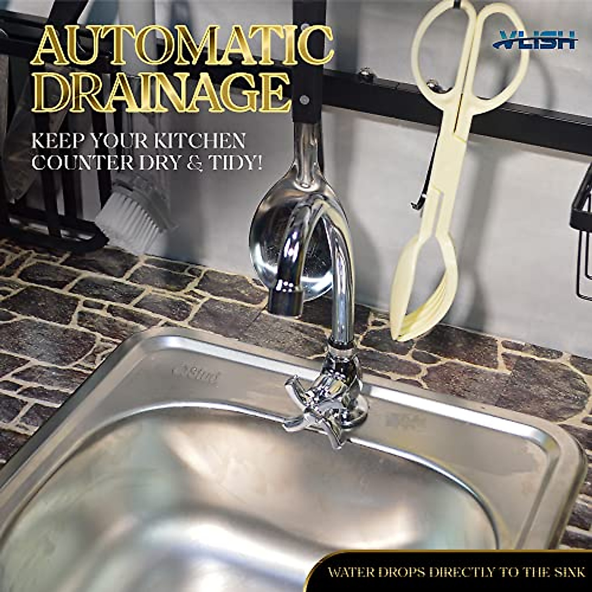 Vlish Over The Sink 2 Tier Dish Drying Rack - Expandable Length 35-42in | Space-Saving, Rust-Resistant, Non-Slip Foot Rubber | Stainless Steel Kitchen Counter Drainer Organization Storage Shelf