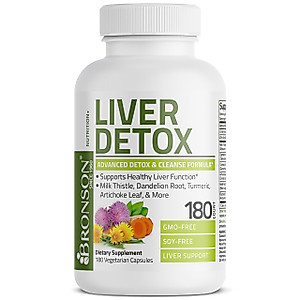 Bronson Liver Detox Advanced Detox & Cleansing Formula Supports Health Liver Function with Milk Thistle, Dandelion Root, Turmeric, Artichoke Leaf & More, Non-GMO, 180 Vegetarian Capsules