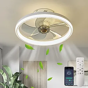LMiSQ Modern Ceiling Fans with Lights Remote Control,20in White Smart Ceiling Fan Reversible Timing 6 Speeds Low Profile Dimmable LED Fan Light Flush Mount for Bedroom Kitchen Living room