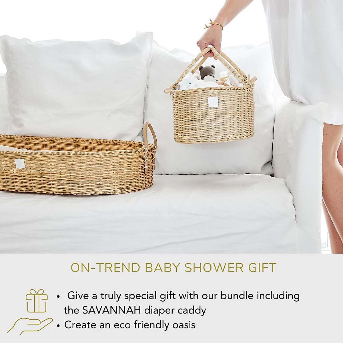 BEBE BASK Premium Baby Changing Basket - Artisan-Crafted Rattan with Extra High Sides - Wicker Changing Basket for Baby Dresser - All Accessories Included - Complete Set for Nursery (Rattan)