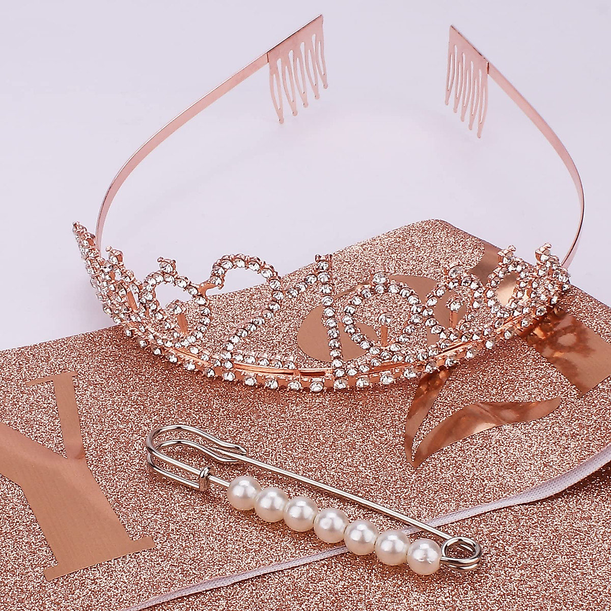 CAVETEE Rose Gold Finally 21 Birthday Sash and Crown for Women 21st Birthday Tiaras and Sash Set for Women Birthday Decorations Rose Gold Birthday Queen Crowns Tiaras for Women