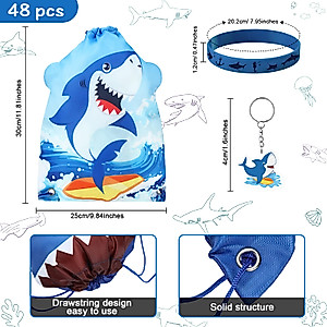 Talltalk 48 Pcs Shark Party Supplies Blue Ocean Pool Party Favor with 16 Pcs Shark Party Drawstring Bag Goodie Bags 16 Shark Wristband 16 Shark Keychain for Shark Birthday Party Supplies Decorations