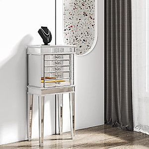 VINGLI Mirrored Jewelry Armoire, Mirror Jewelry Cabinet Standing with 6 Drawers & 2 Side Doors, Jewelry Armoire Cabinet, Standing Jewelry Box, Mirrored Jewelry Chest, Standing Jewelry Box, Silver