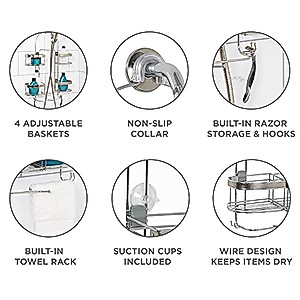 Zenna Home Hanging Shower Caddy, Over the Shower Head Bathroom Storage, Stainless Steel, For Handheld Shower Hoses, Rust Resistant, No Drilling, Expandable Organizer, 4 Baskets, Razor Holders, Hooks