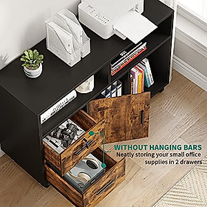 YITAHOME Wood File Cabinet, Mobile Filing Cabinet 2-Drawer Lateral File Cabinet for Letter, Legal, A4 Size, Printer Stand with Open Storage Shelves for Home Office,Black and Rustic Brown