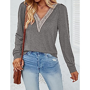 ZESICA Women's 2023 Casual Long Sleeve T Shirts Lace V Neck Trendy Basic Tops Summer Fall Tee Blouse,Grey,Large