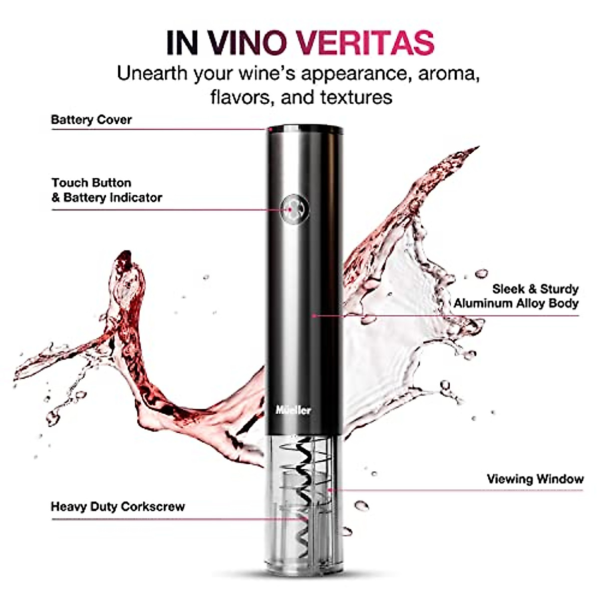 Mueller Electric Wine Opener Set - Rechargeable Batteries and USB Charging Cable - Electric Corkscrew Opener with Foil Cutter, Wine Pourer, Vacuum Stopper (Batteries Included), Valentines Day Gifts