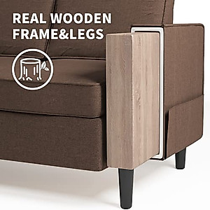 Mjkone Convertible Sectional Sofa Couch, 3-Seat L-Shaped Sofa with Storage Ottoman, Wooden Couch Legs Modern Linen Fabric Reversible Chaise for Living Room, Studio, Apartment - Coffee