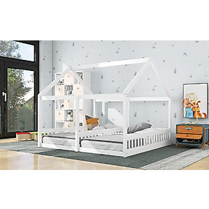 CKLMMC Twin Size House Platform Beds,Two Shared Beds, Wooden Bed Frame with Roof and Window, Bedroom Furniture, Can be Decorated Tent (White#Shared Bed)