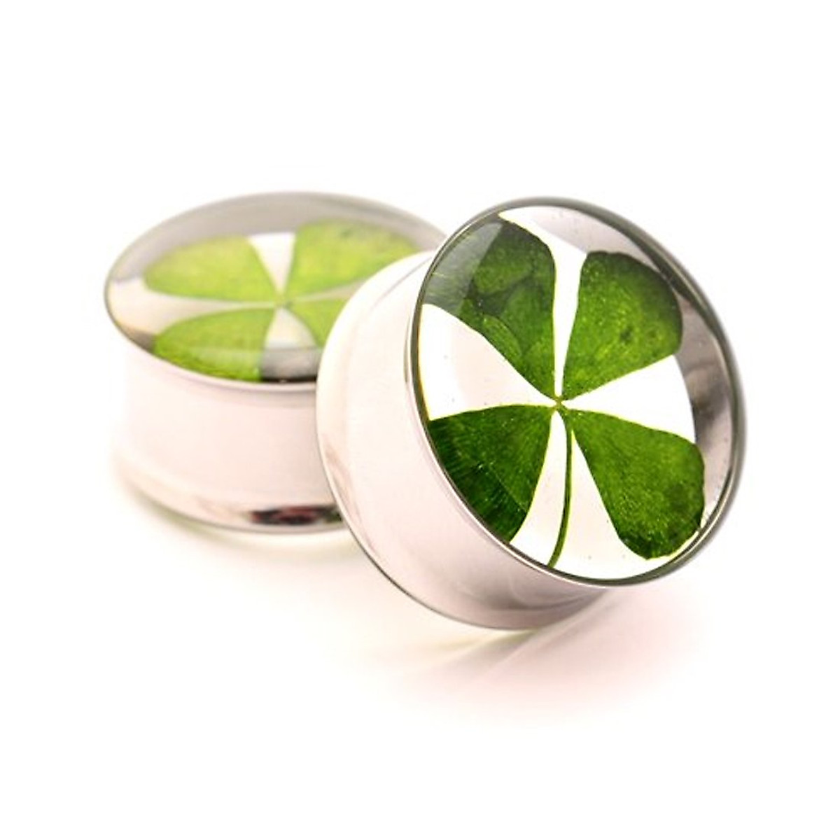 Mystic Metals Body Jewelry Embedded Real 4 Leaf Clover Plugs - 3/4 Inch - 19mm - Sold As a Pair